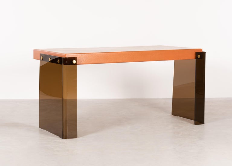 Desk in Smoked Plexiglass and Orange Leather, France, 1975 at 1stDibs