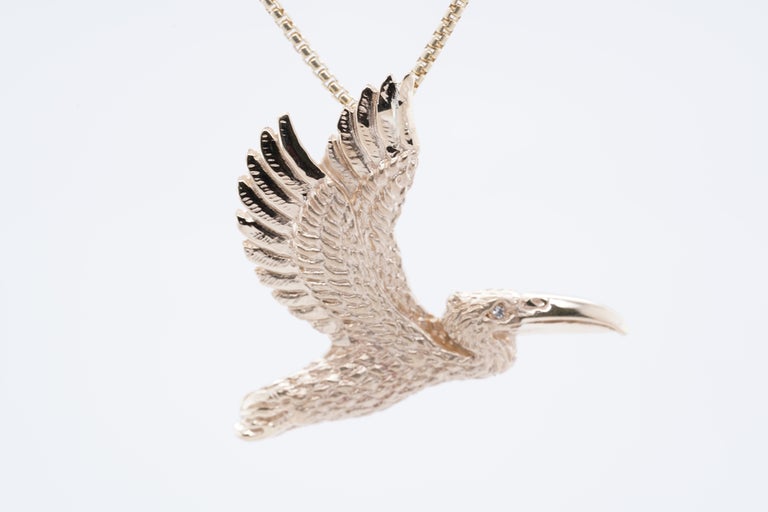 Detailed 14K Yellow Gold Pelican Pendant Necklace with Diamond Eye For ...
