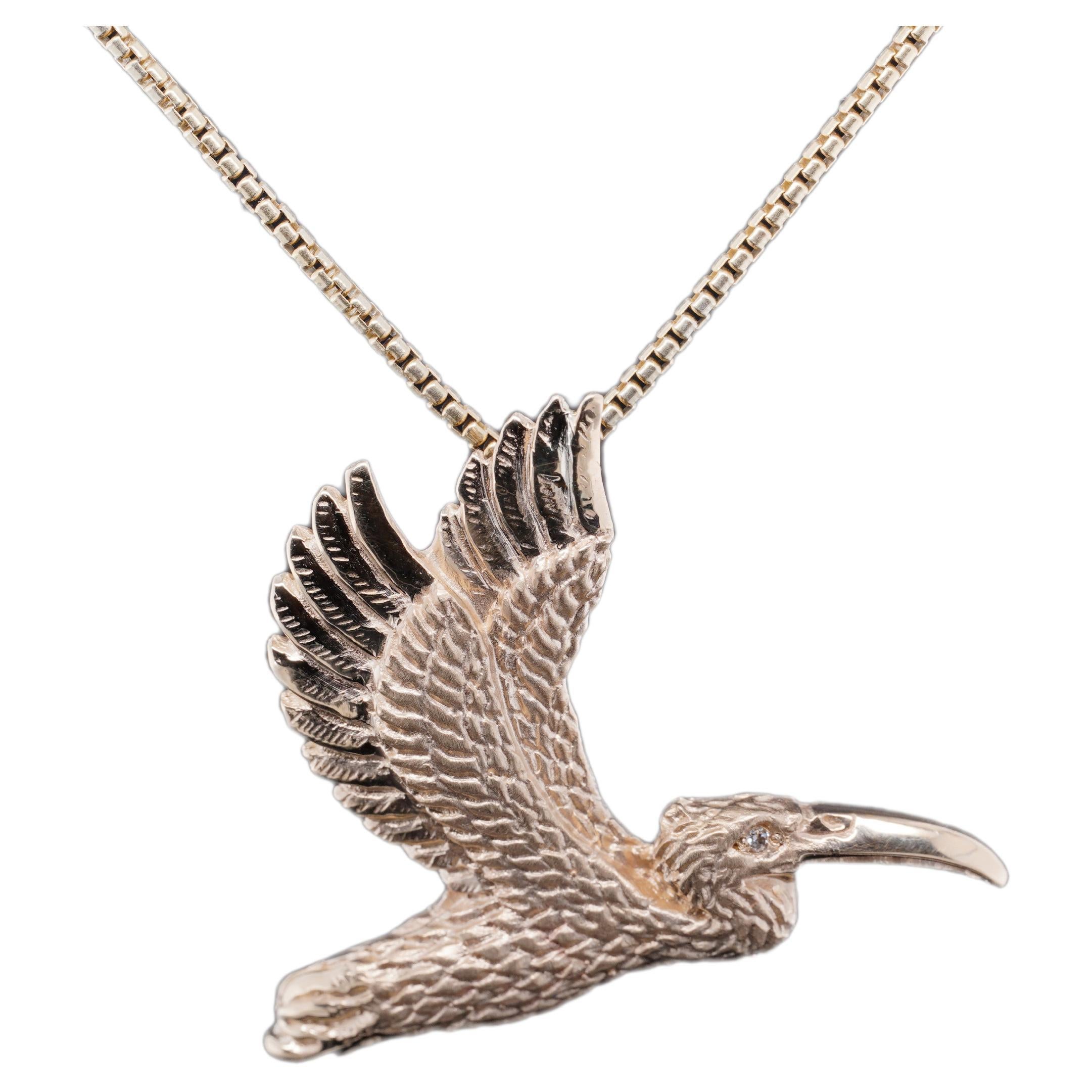 Detailed 14K Yellow Gold Pelican Pendant Necklace with Diamond Eye For ...
