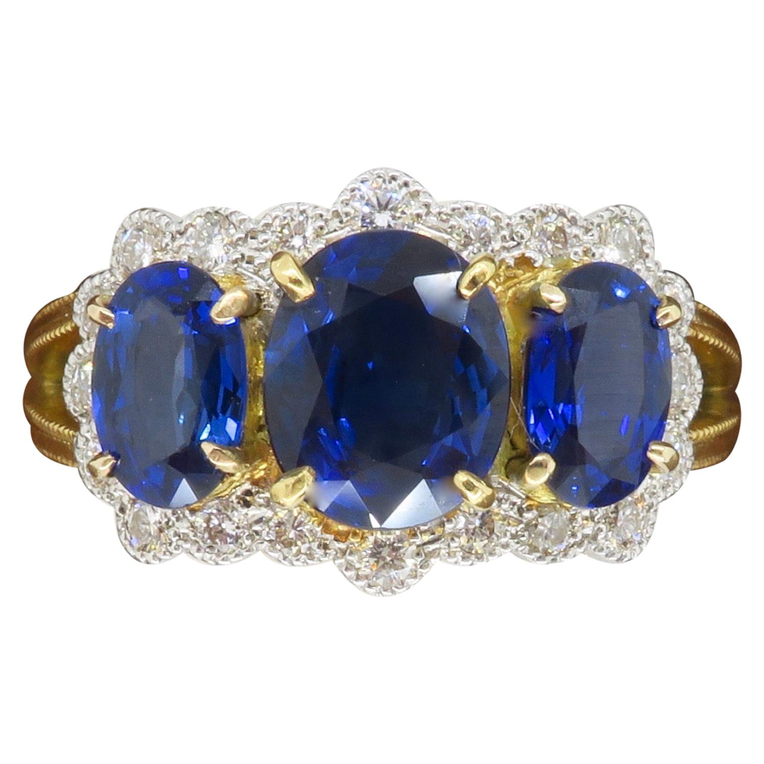 3-Stone Blue Sapphire Ring with White Bullet Diamonds For Sale at 1stDibs