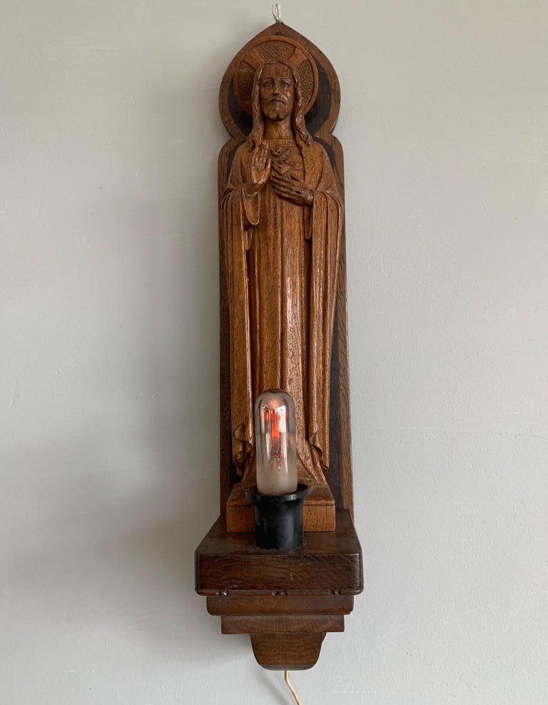 Detailed Hand Carved Oak Sacred Heart of Jesus Statue on Wall Console ...