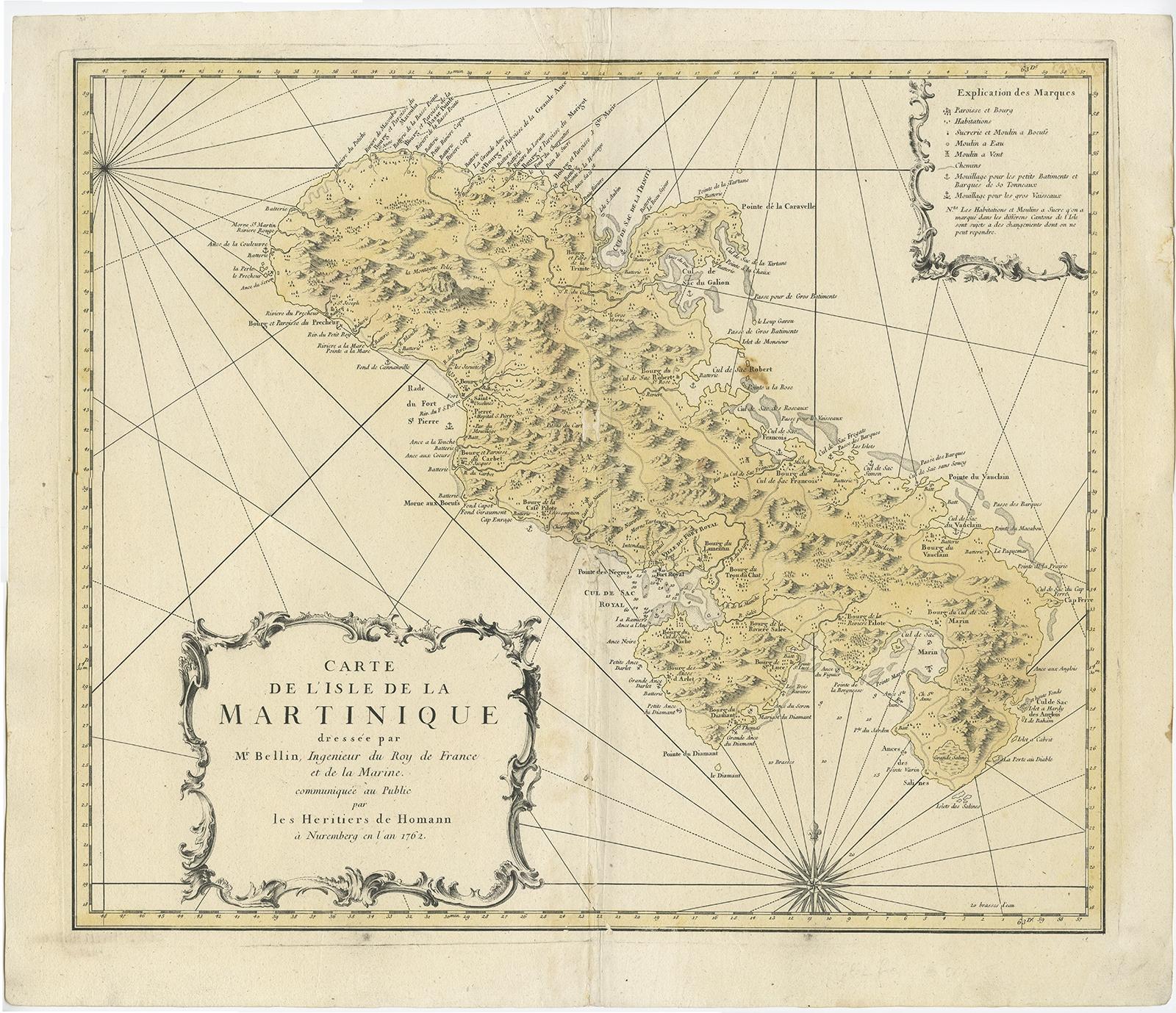 Detailed Nautical Antique Map of Martinique in the Caribbean, 1762 at ...