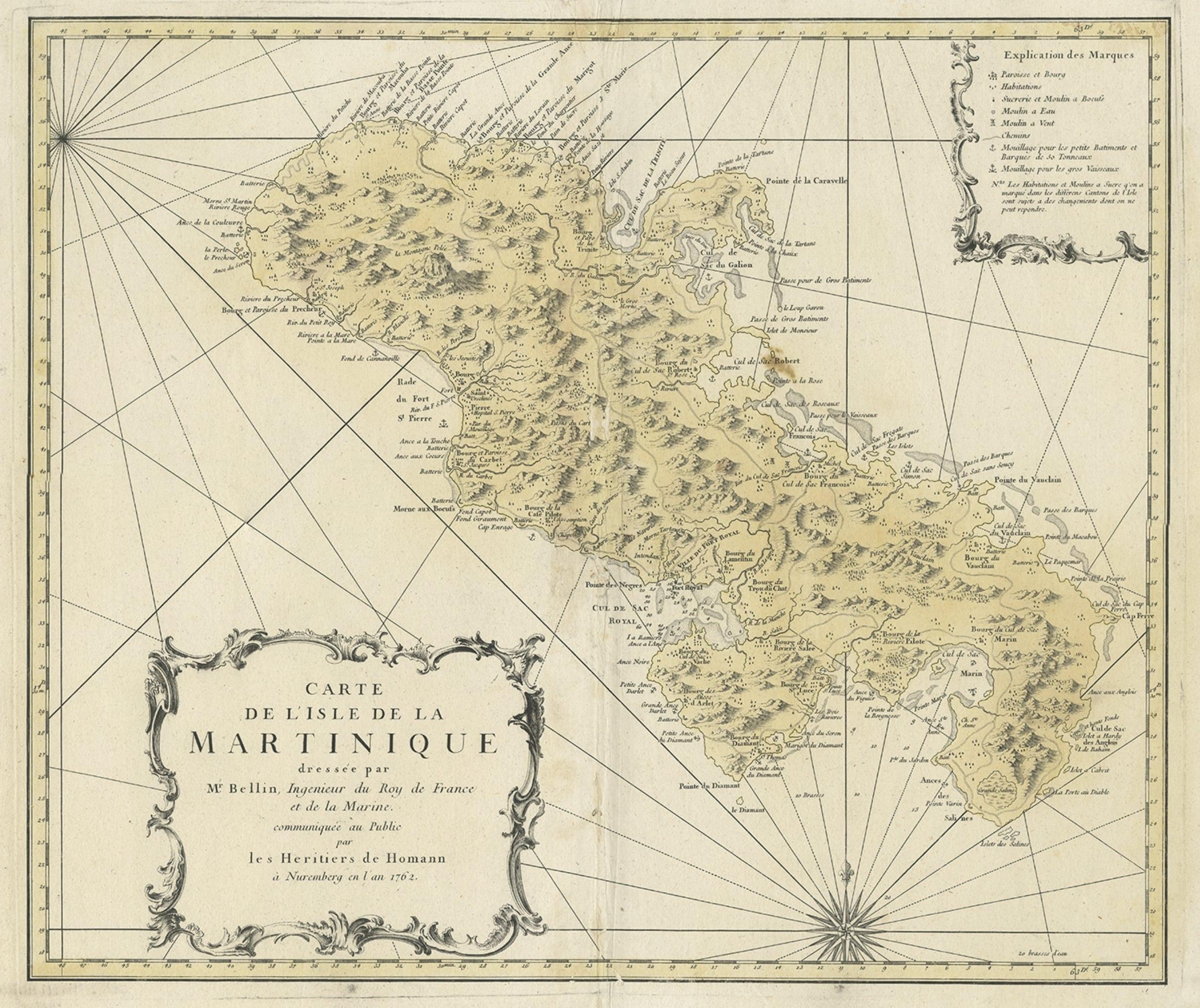 Detailed Nautical Antique Map of Martinique in the Caribbean, 1762 at ...