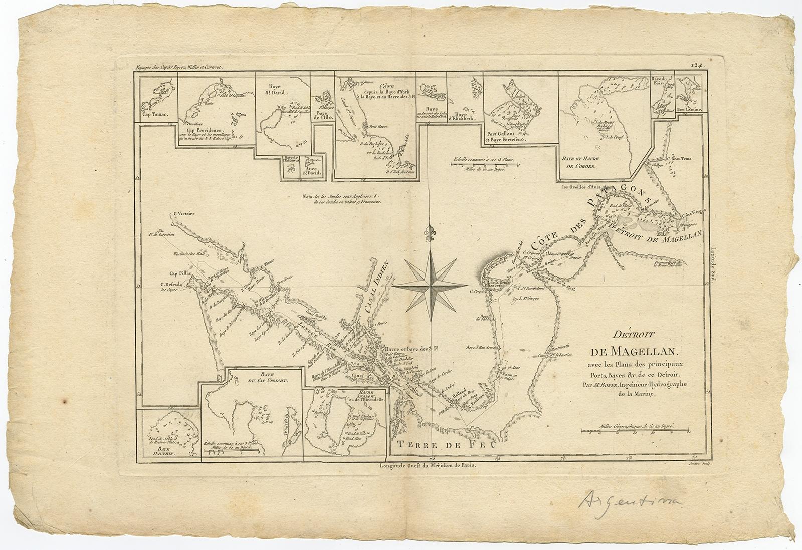 Detailed Original Antique Map of the Strait of Magellan, Argentina, ca ...