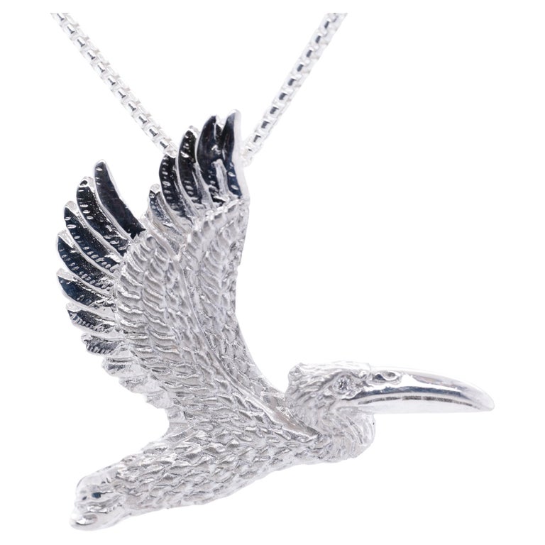 Detailed Sterling Silver Pelican Pendant Necklace with Diamond Eye For ...