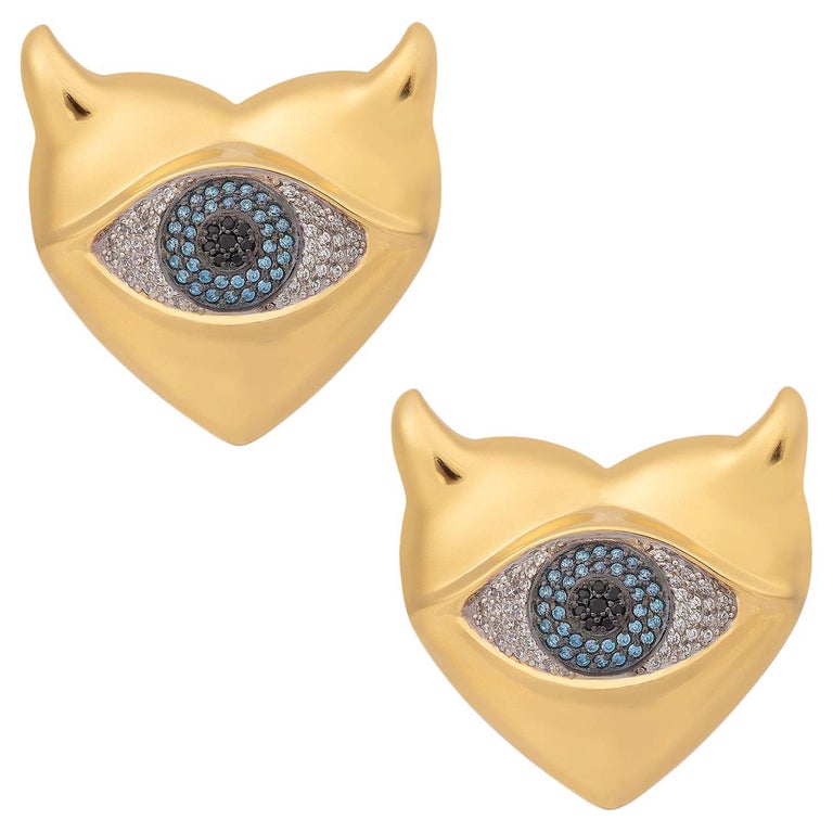 Naimah Devil Heart Statement Earrings, Gold For Sale at 1stDibs