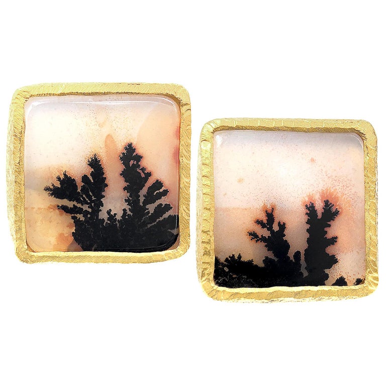 Devta Doolan Matched Dendritic Agate Square One of a Kind Stud Earrings at 1stDibs