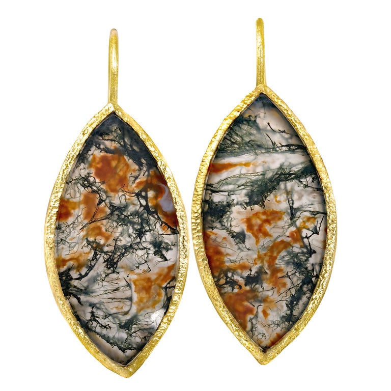 Devta Doolan Matched Natural Agate Marquise Gold Drop Earrings For Sale at 1stDibs