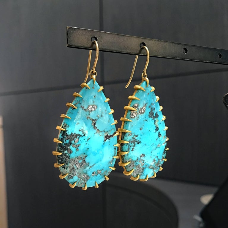 Devta Doolan Natural Morenci Turquoise Gold Talon One of a Kind Drop Earrings For Sale at 1stDibs