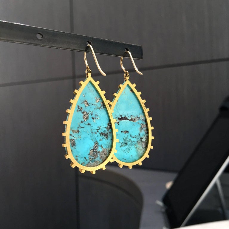 Devta Doolan Natural Morenci Turquoise Gold Talon One of a Kind Drop Earrings For Sale at 1stDibs