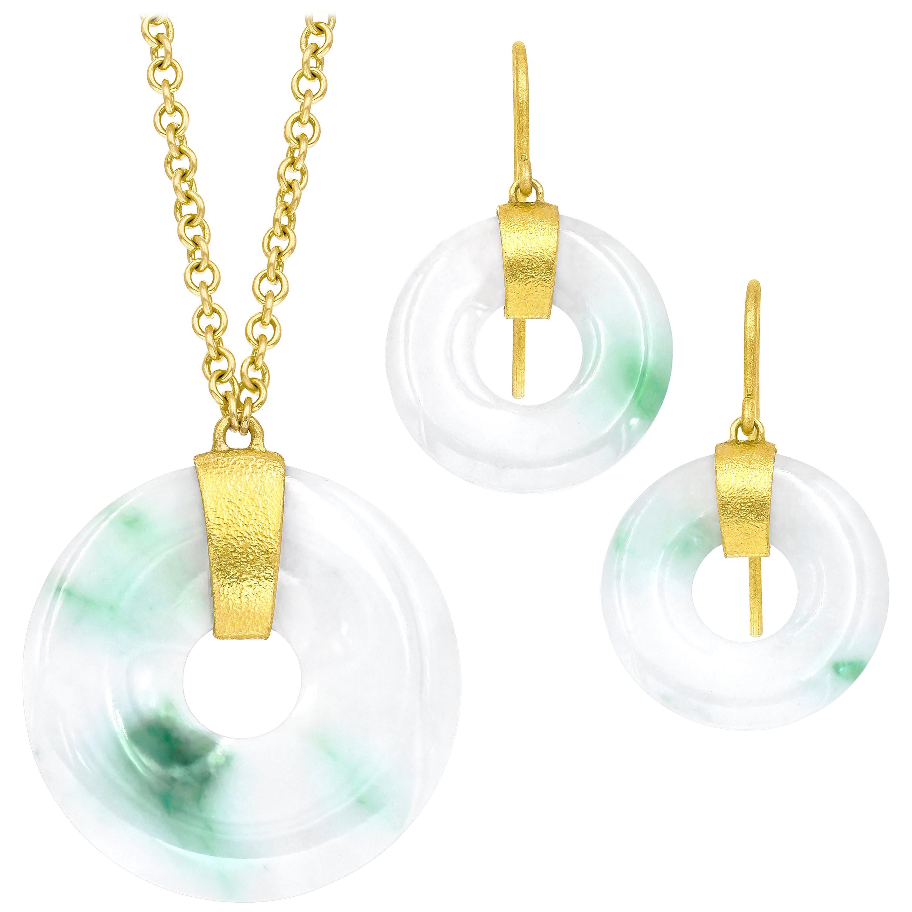 Devta Doolan One of a Kind Jadeite Disc Pendant Necklace Drop Earrings Suite at 1stDibs