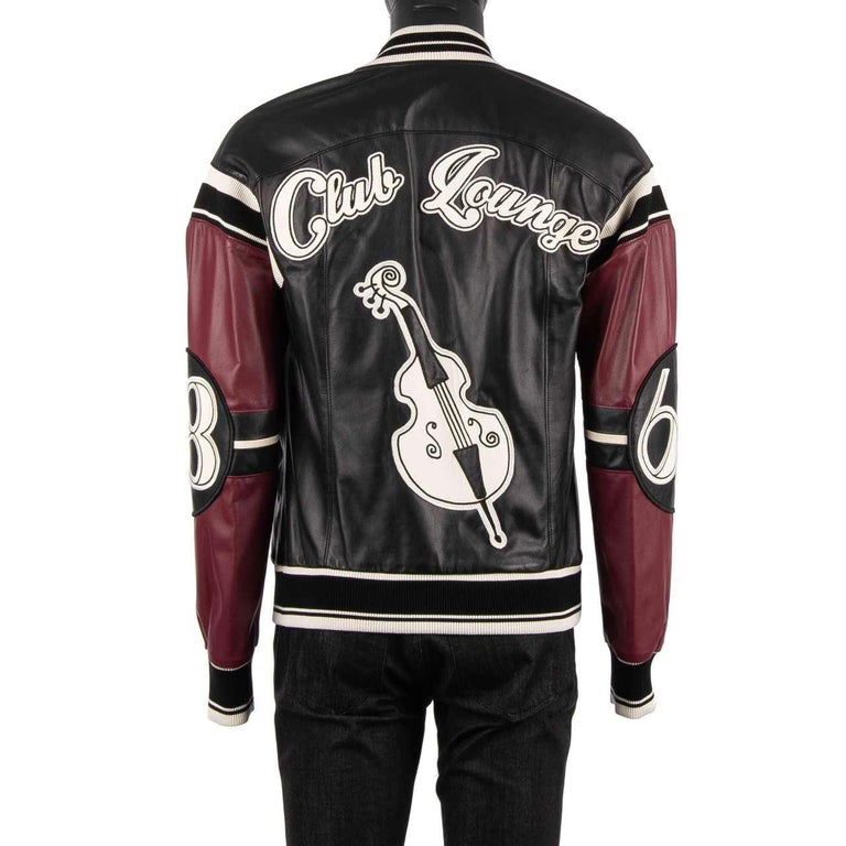 D&G Club Lounge Cello Embroidered Bomber Leather Jacket Black Bordeaux ...