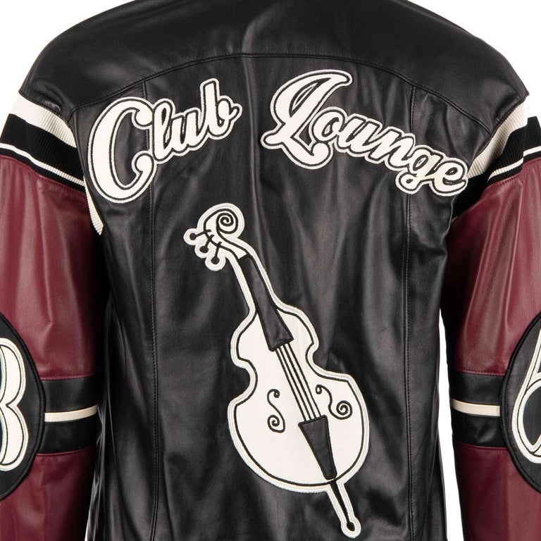 D&G Club Lounge Cello Embroidered Bomber Leather Jacket Black Bordeaux ...