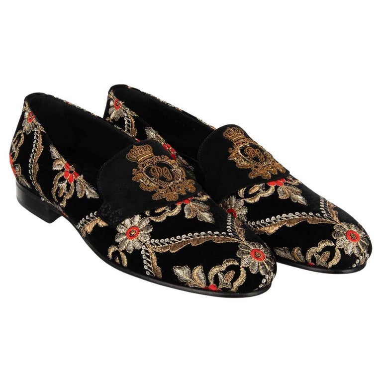 D&G Crown Embroidered Baroque Velvet Loafer VIVALDI Black Gold Red EUR ...
