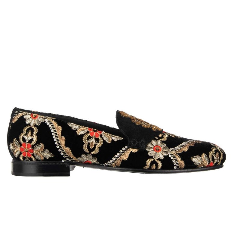 D&G Crown Embroidered Baroque Velvet Loafer VIVALDI Black Gold Red EUR ...