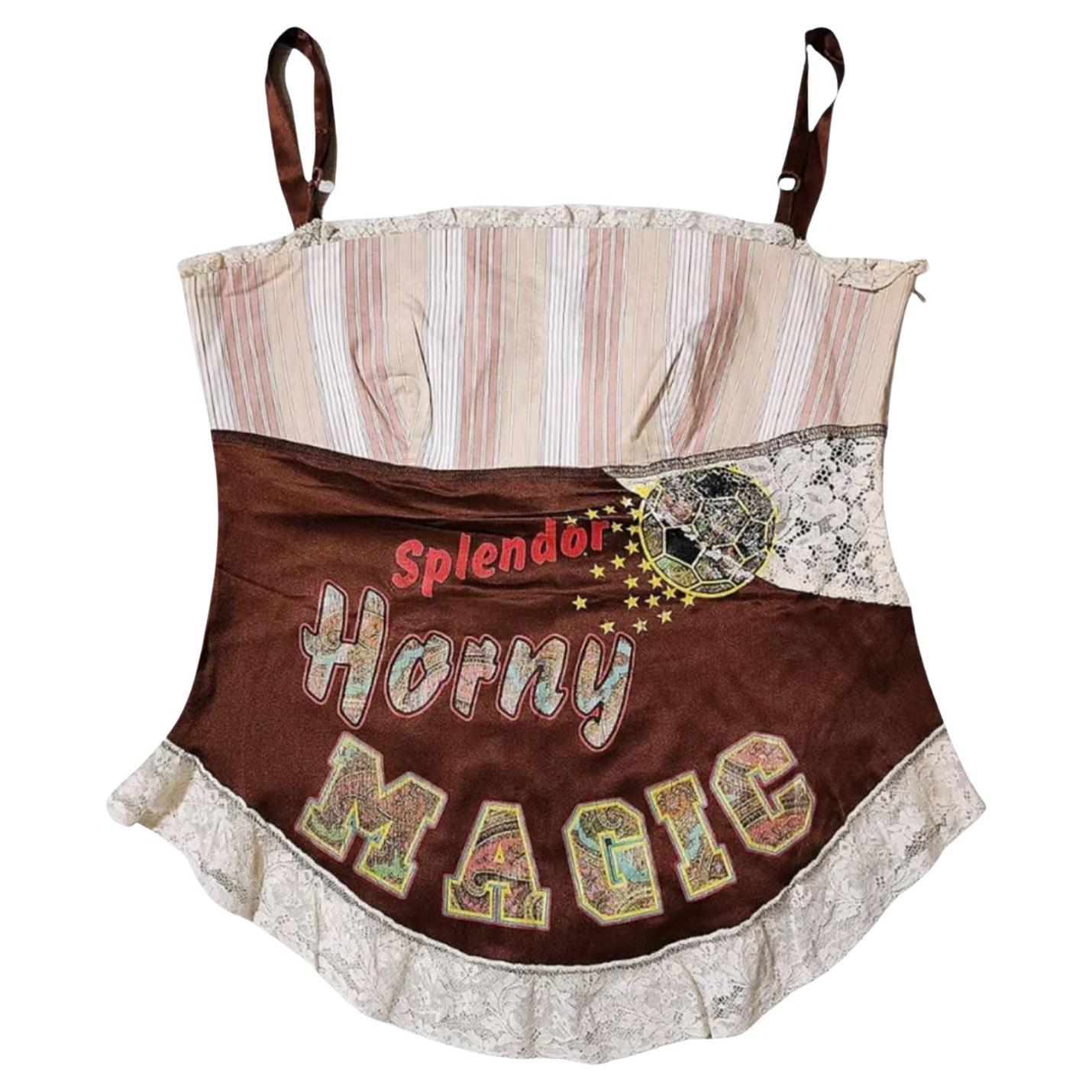 D&G Dolce and Gabbana Horny Magic Satin Vintage Medium Text Top Corset Bustier For Sale at 1stDibs