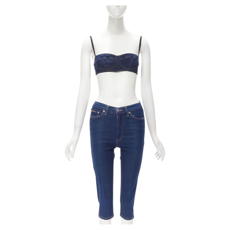 D&G DOLCE GABBANA 2001 Y2K blue denim overstitch bralette knee jeans S ...