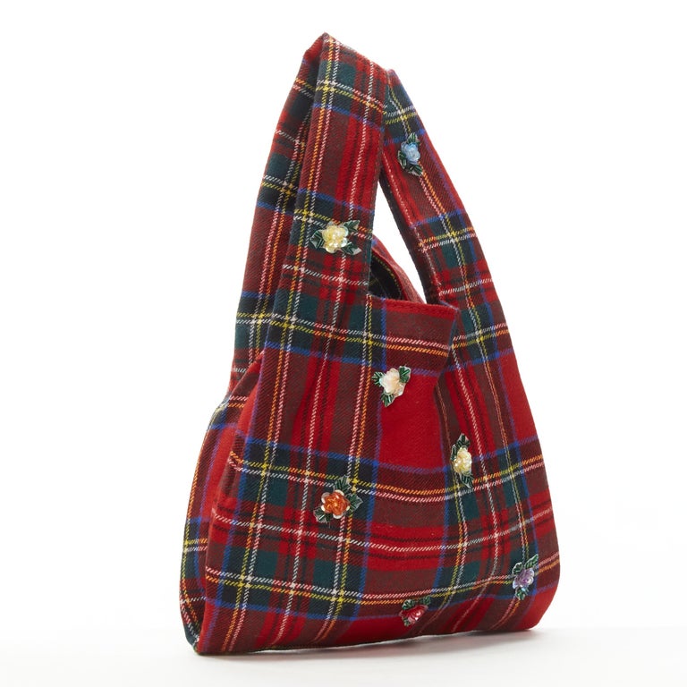 D&G DOLCE GABBANA Vintage red plaid tartan floral bead embellished tote ...
