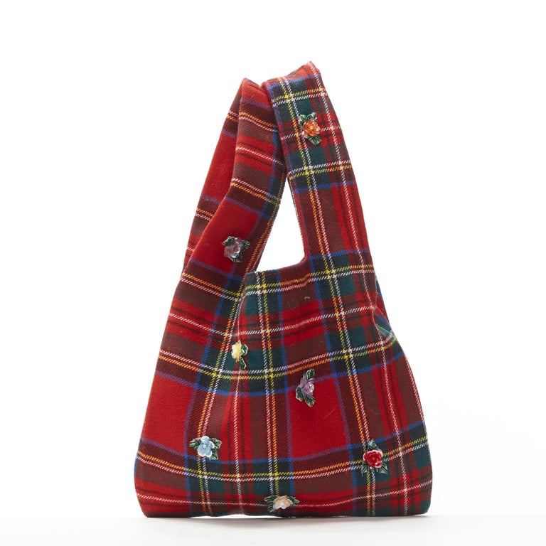 D&G DOLCE GABBANA Vintage red plaid tartan floral bead embellished tote ...
