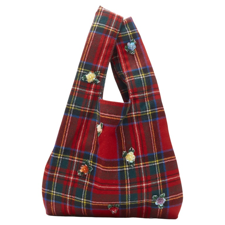 D&G DOLCE GABBANA Vintage red plaid tartan floral bead embellished tote ...
