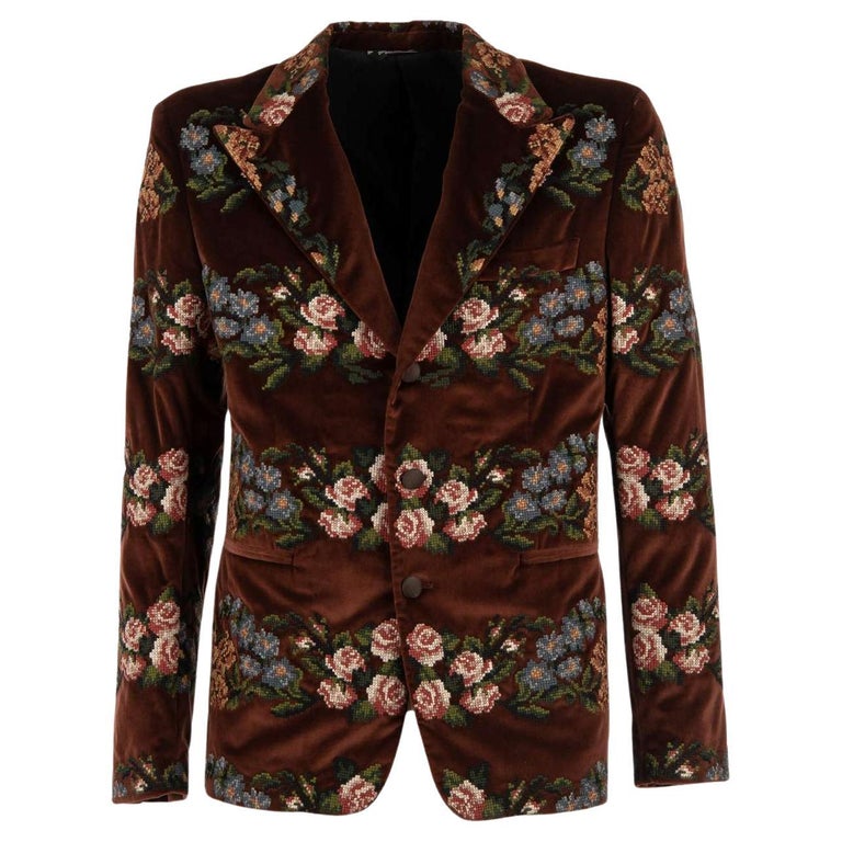 D&G Flower Embroidery Velvet Blazer with Peak Lapel Brown 50 US 40 M L ...