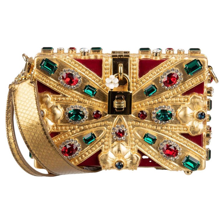 D&G Hand Painted Wood Clutch Bag Union Jack with Crystals Gold Burgundy ...