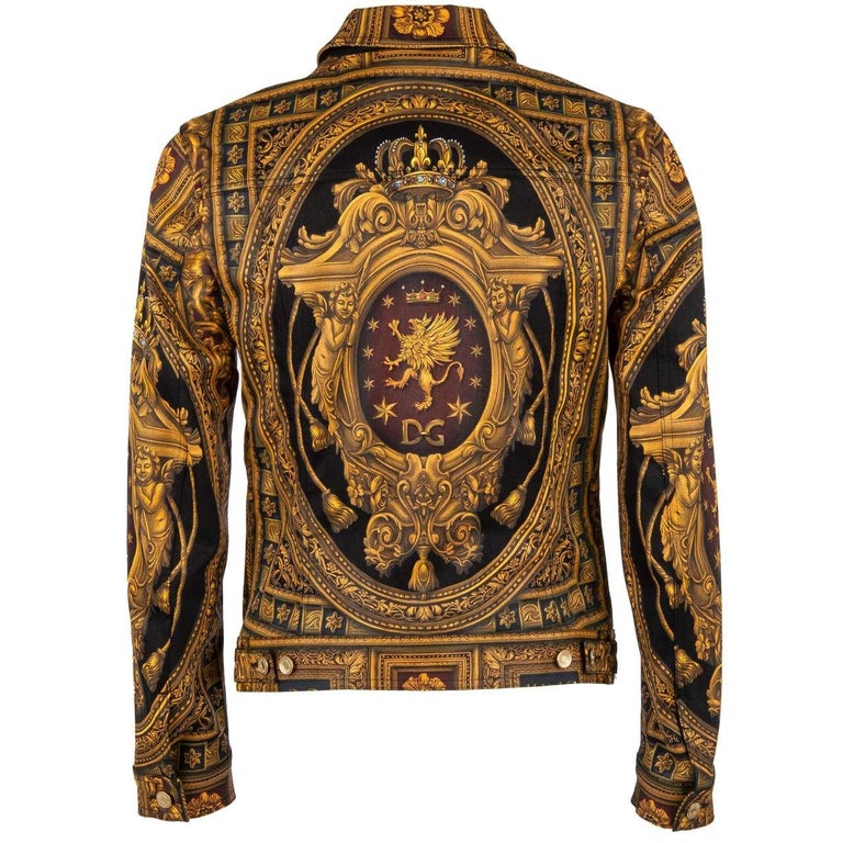 D&G Heraldry and Logo Printed Denim Jacket with Pockets Gold Black 48 M ...
