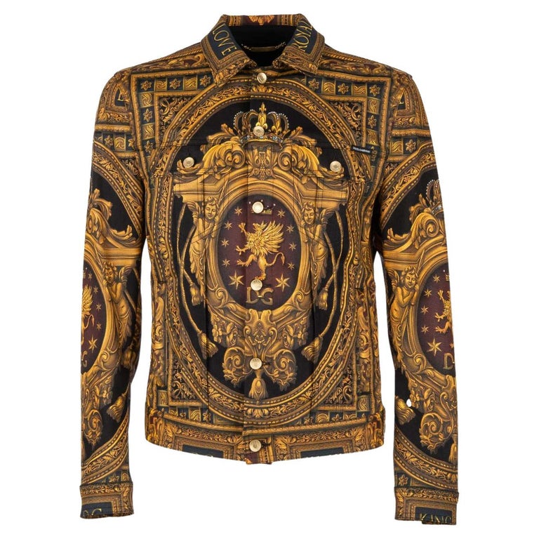 D&G Heraldry and Logo Printed Denim Jacket with Pockets Gold Black 48 M ...