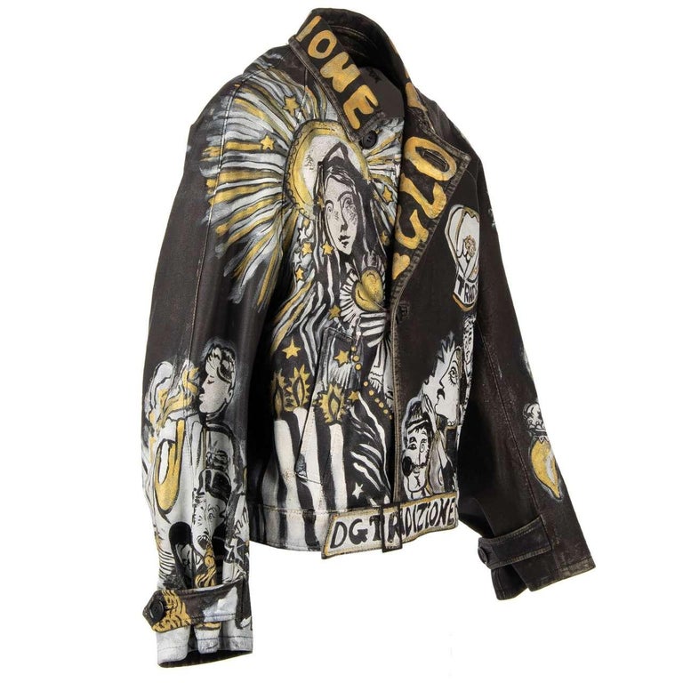 D&G Oversize Graffiti Painted Bull Leather Jacket DG Tradizione Black 48 For Sale at 1stDibs