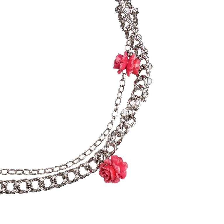 D&G Rose Roses Crystal Lizzard Structure Leather Chain Belt Pink Silver ...