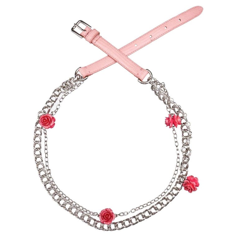 D&G Rose Roses Crystal Lizzard Structure Leather Chain Belt Pink Silver ...