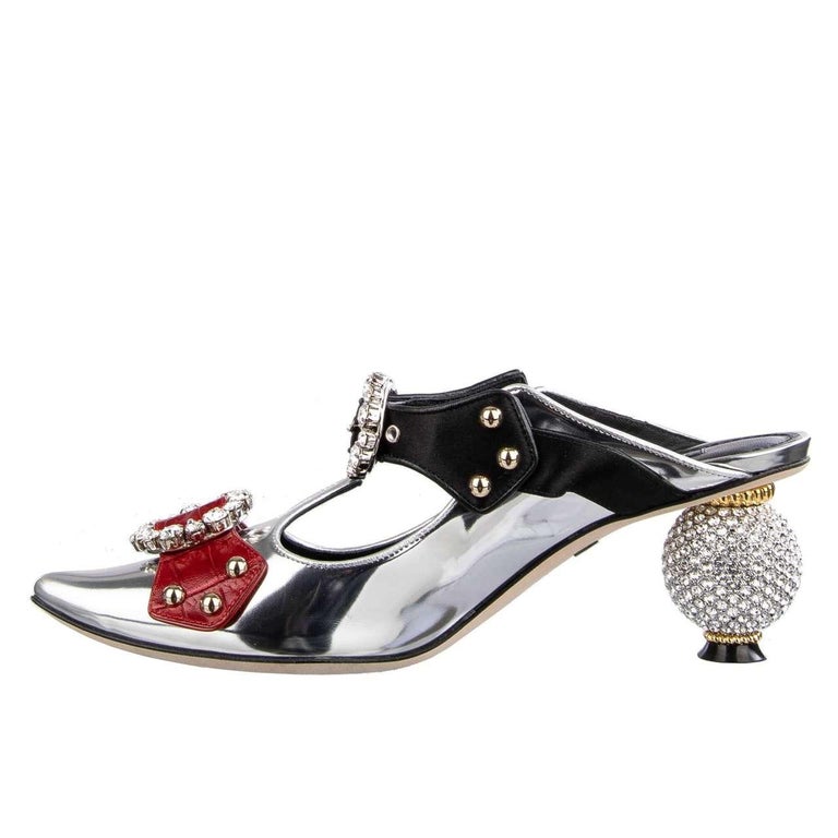 D&G Silver Metallic Leather Pumps ALADINO with Crystals Ball Heel EUR ...