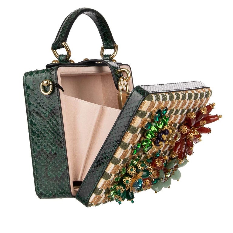 D&G Unique Snakeskin Clutch Bag DOLCE BOX with Crystals Flowers Green ...