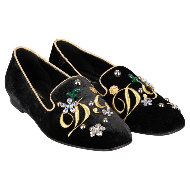 D&G Velvet Logo Embroidered Ballet Flats JACKIE with Crystals Black EUR ...