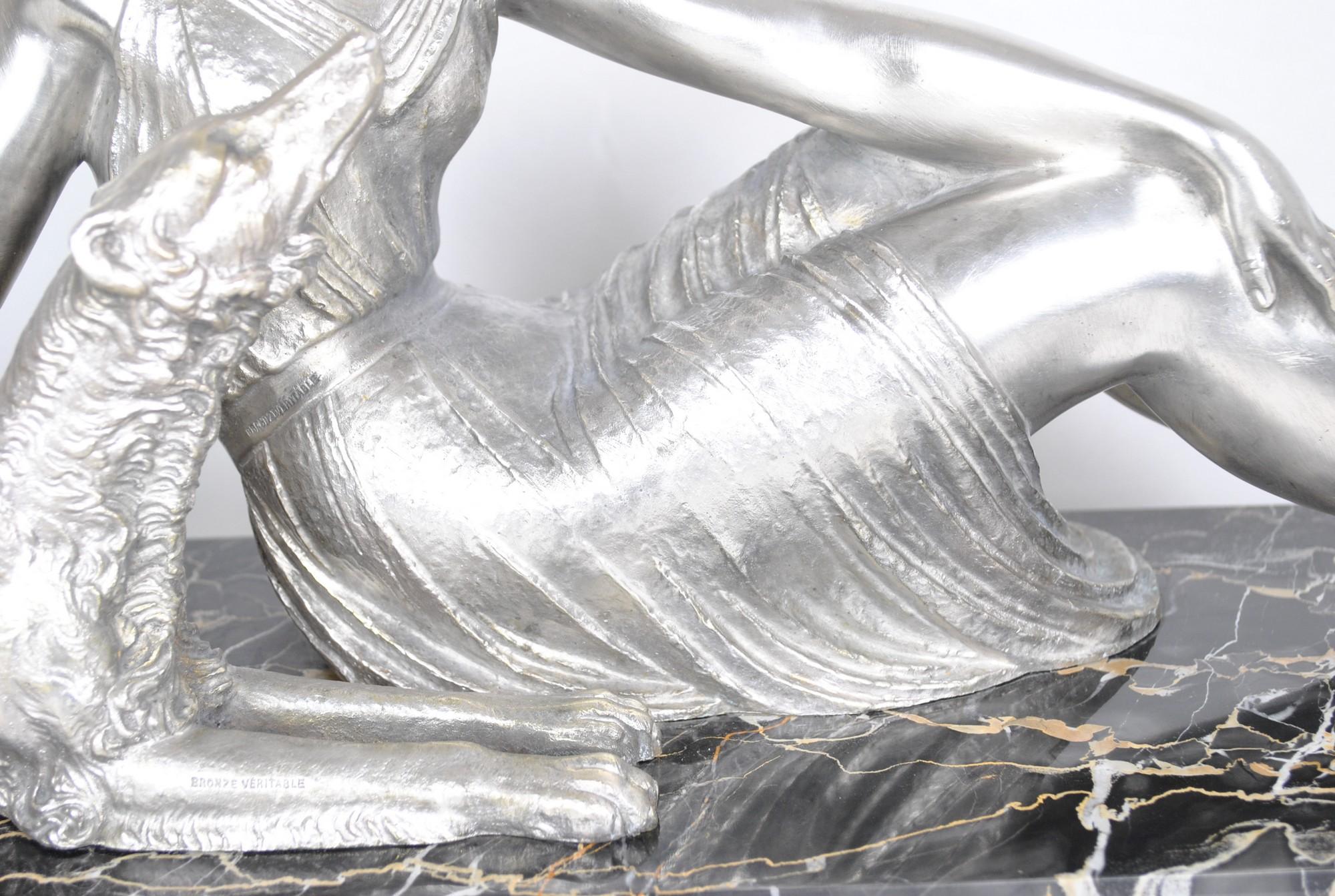 Dh Chiparus, Woman Sitting In Borzoi, Silverplated Bronze Signed, Art ...