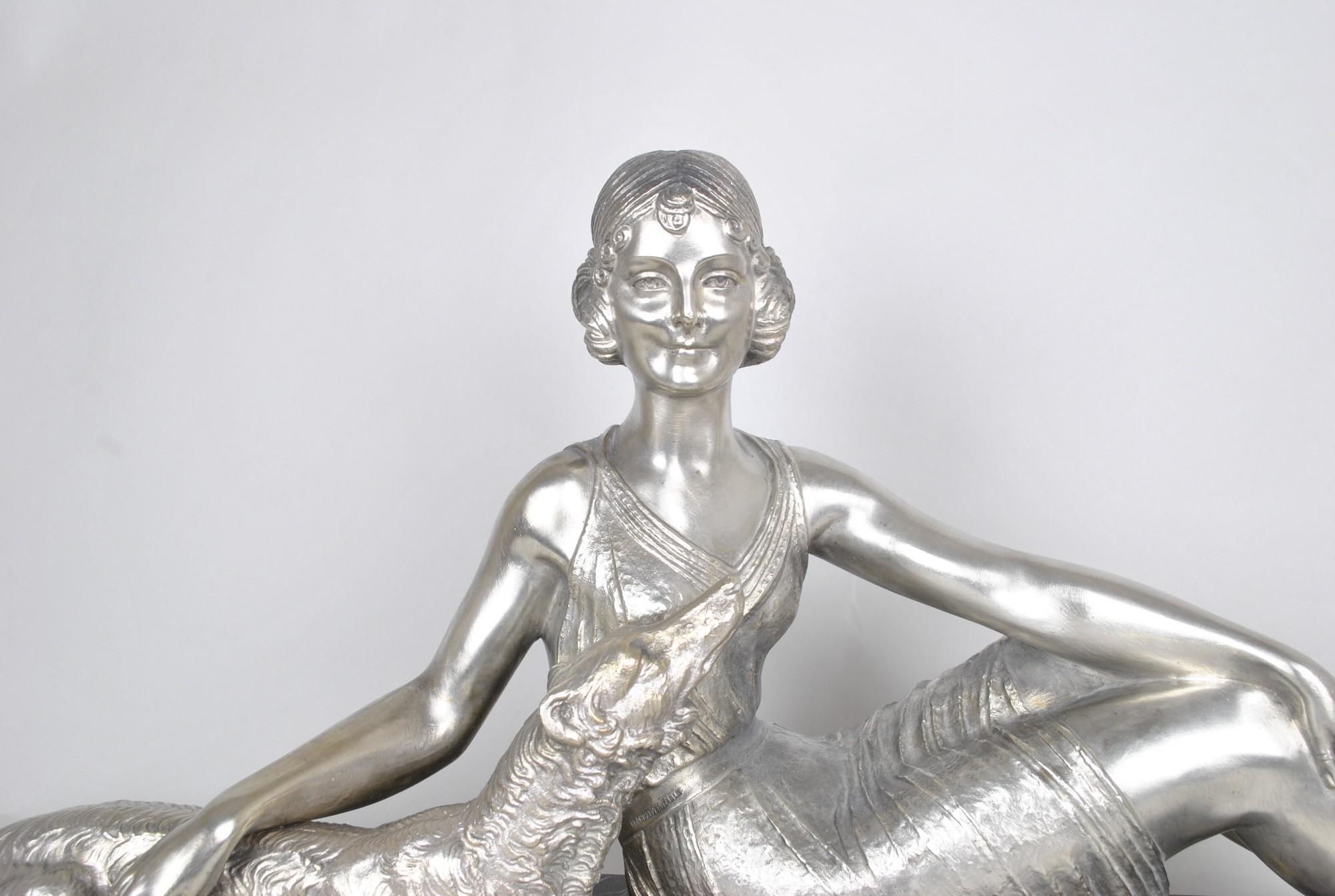 Dh Chiparus, Woman Sitting In Borzoi, Silverplated Bronze Signed, Art ...
