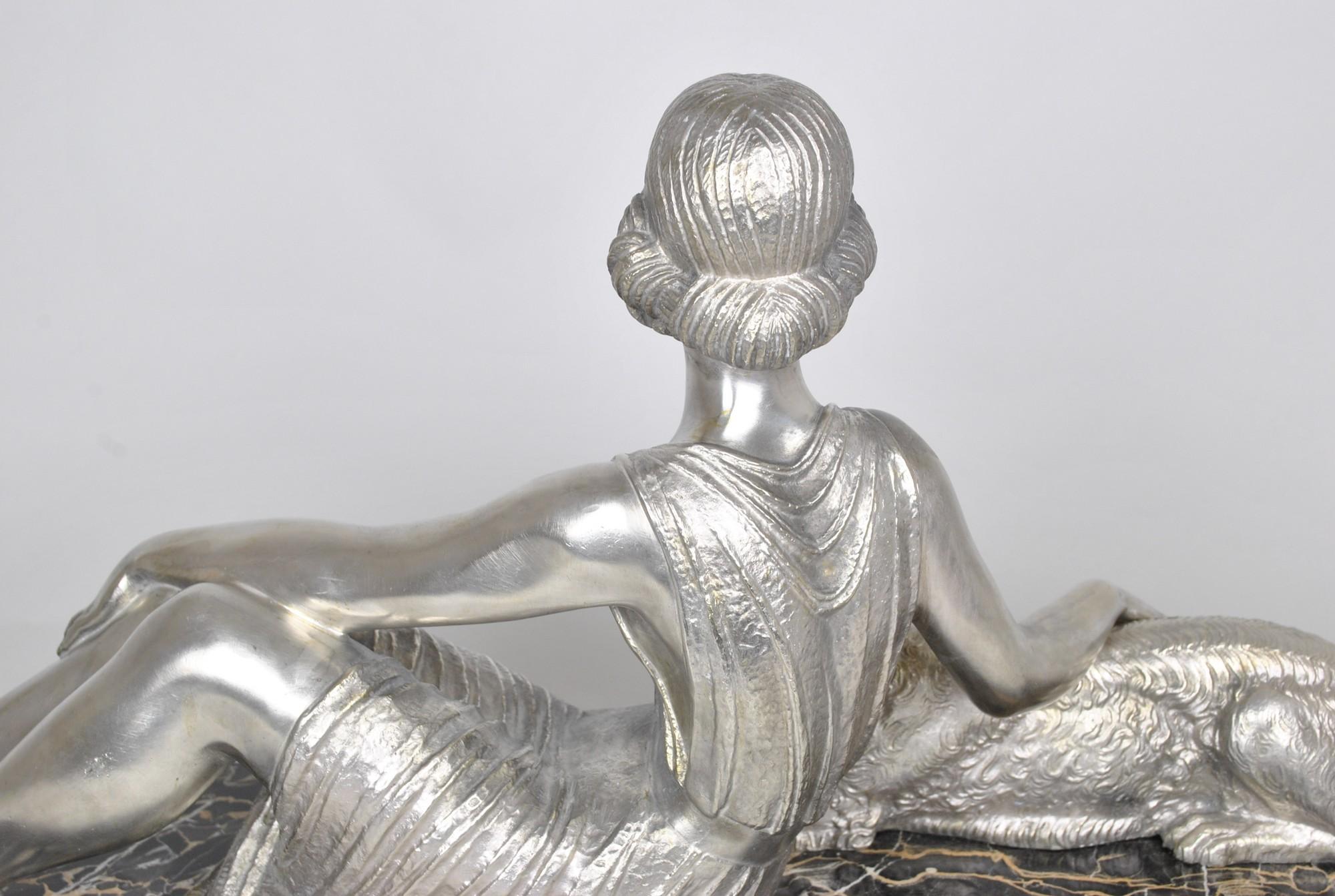 Dh Chiparus, Woman Sitting In Borzoi, Silverplated Bronze Signed, Art ...