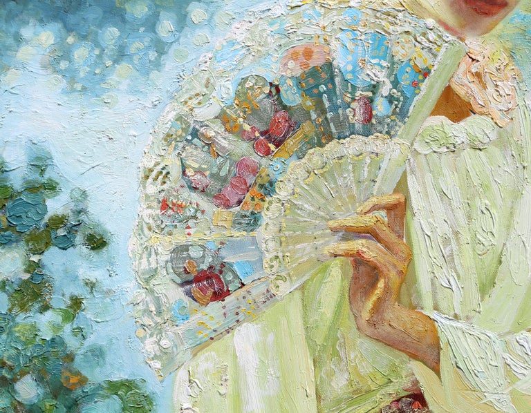 Di Li Feng - Girl with Fan by the River, Oil Painting For Sale at 1stDibs