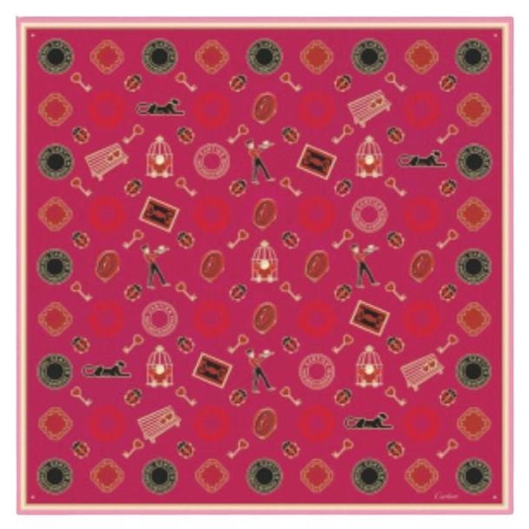 Diabolo de Cartier Motif Fuchsia Silk Scarf 90cm x 90cm For Sale at 1stDibs