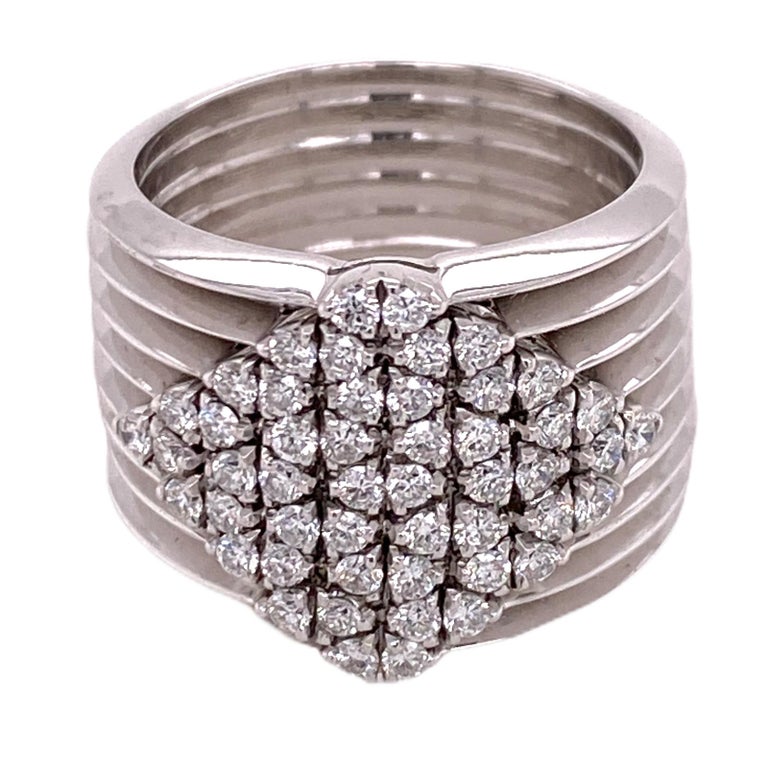 Diamond 18 Karat White Gold Ribbed Wide Band Ring Modern at 1stDibs