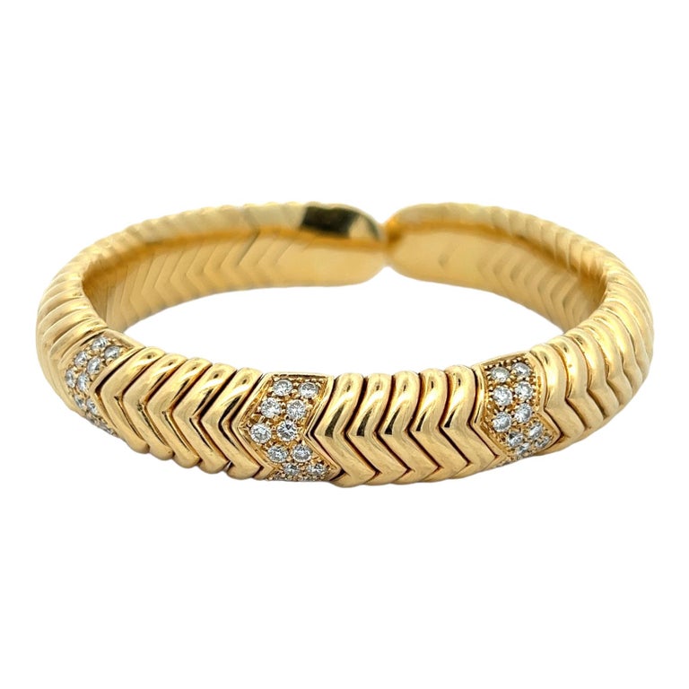 Diamond 18 Karat Yellow Gold Flexible Ribbed Bangle Cuff Vintage ...