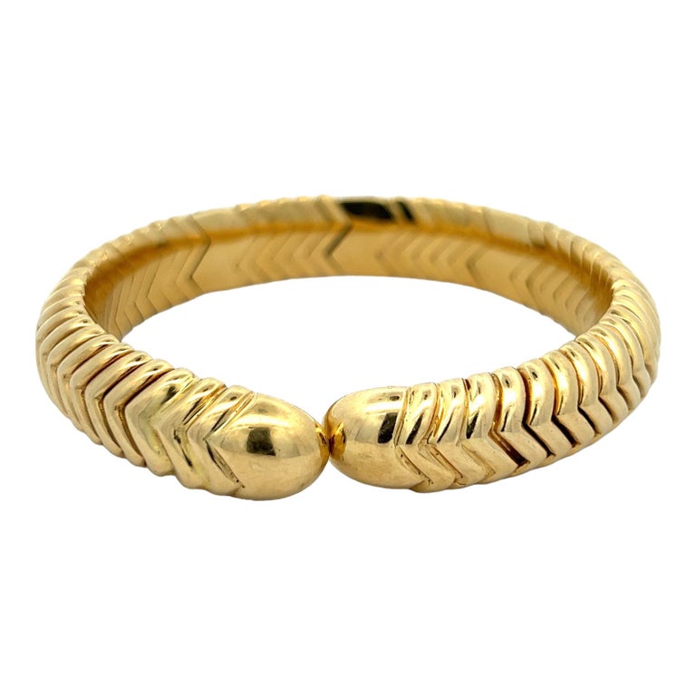 Diamond 18 Karat Yellow Gold Flexible Ribbed Bangle Cuff Vintage ...