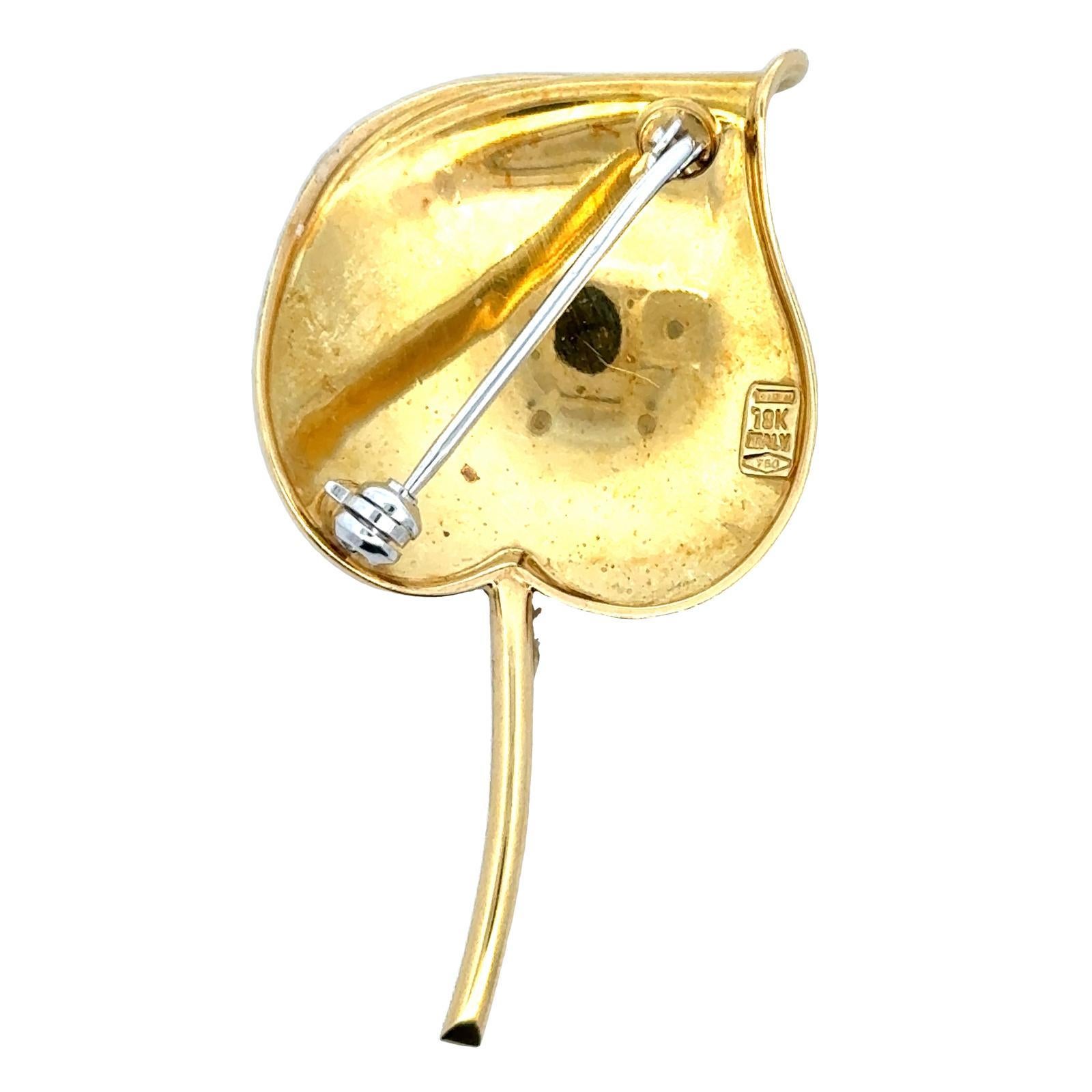 Diamond 18 Karat Yellow Gold Vintage Leaf Brooch Pin For Sale at 1stDibs