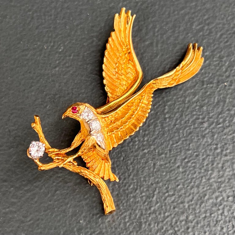 Diamond 18 Karat Gold American Bald Eagle Pin with Ruby Eyes For Sale ...