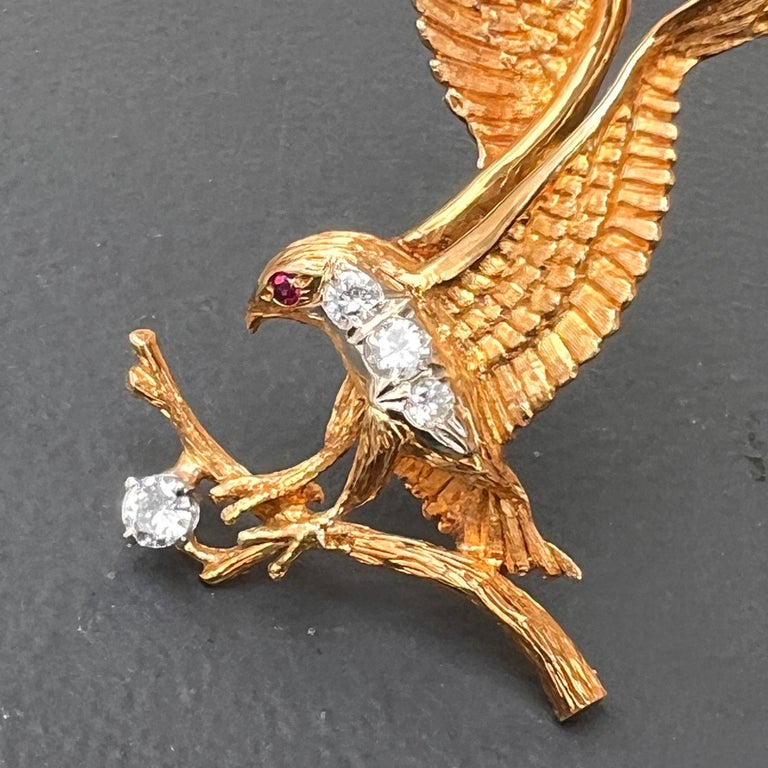 Diamond 18 Karat Gold American Bald Eagle Pin with Ruby Eyes For Sale ...