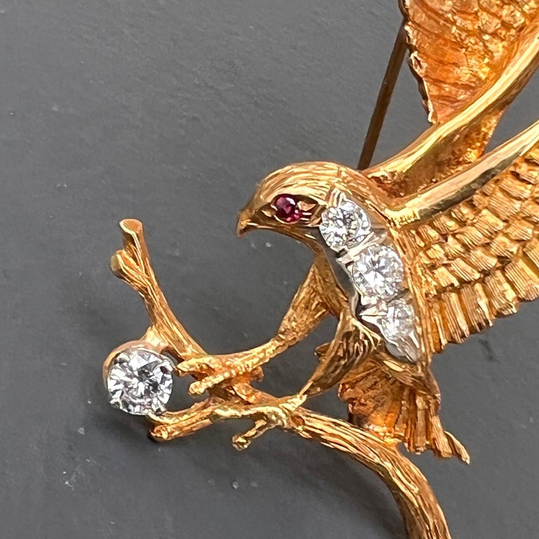Diamond 18 Karat Gold American Bald Eagle Pin with Ruby Eyes For Sale ...