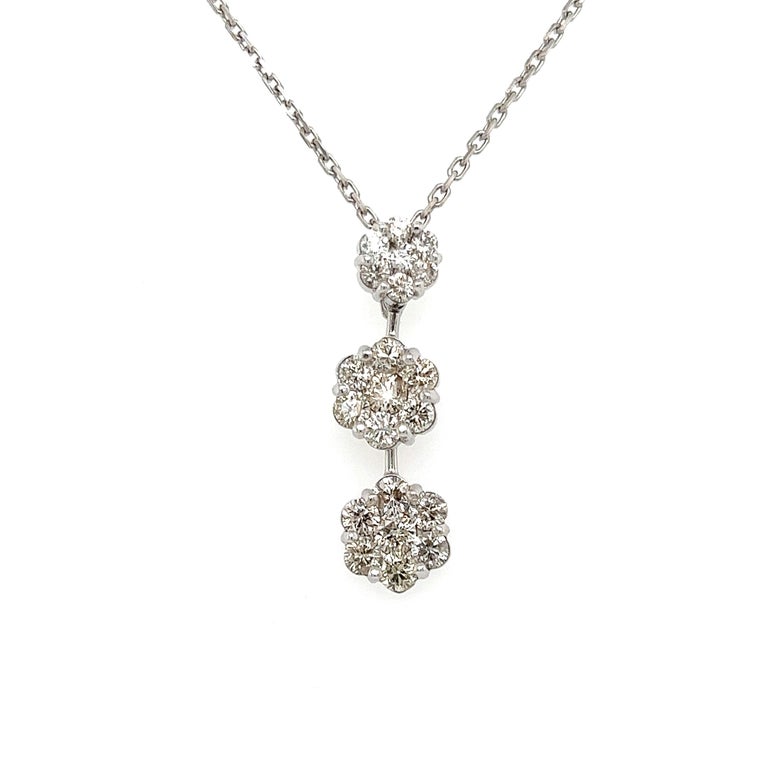 Diamond 3 Cluster Gold Drop Pendant Necklace For Sale at 1stDibs