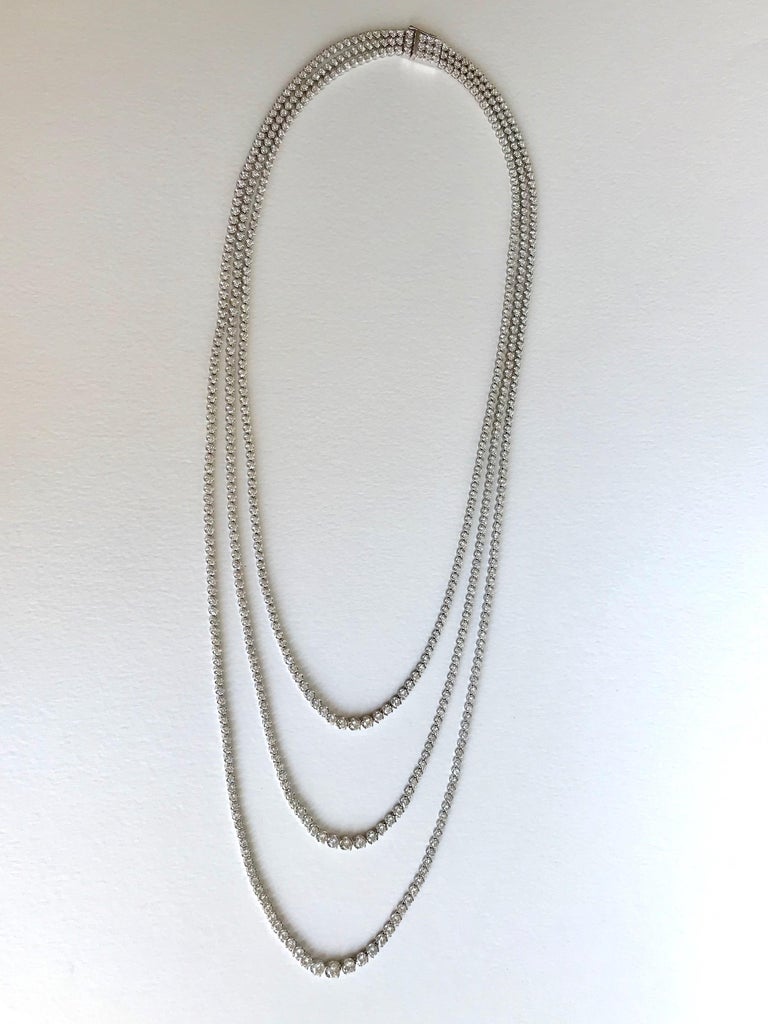 Diamond 3-Row Necklace in 18 Carat White Gold and 30 Carat Diamonds For ...