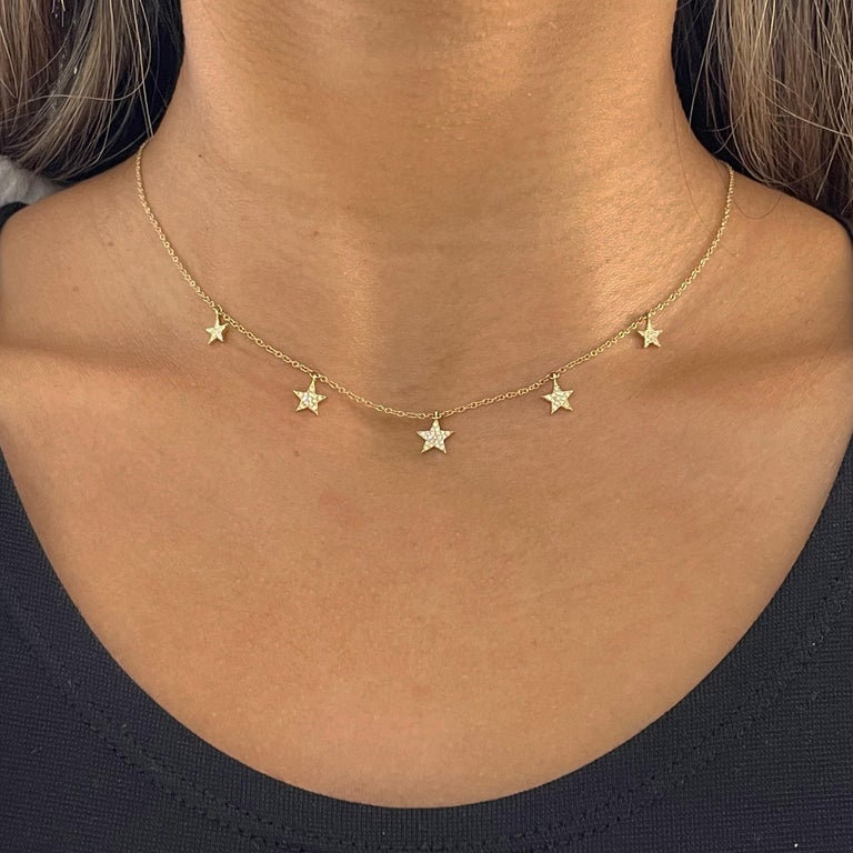 Diamond 5 Star Necklace Bolo Chain 14K Yellow Gold Five Pave Diamond ...