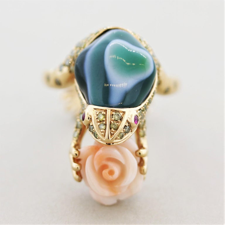 Diamond Agate Coral Flower Gold Frog Ring For Sale at 1stDibs